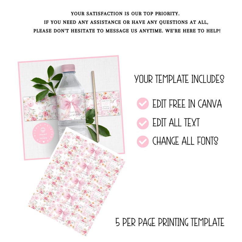 Pink Floral Water Bottle Labels Editable Party Decor Digital Download ...