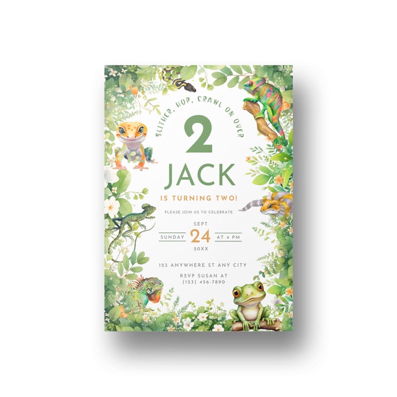 Lizard and Snake 2nd Birthday Invite Template, Editable Reptile ...