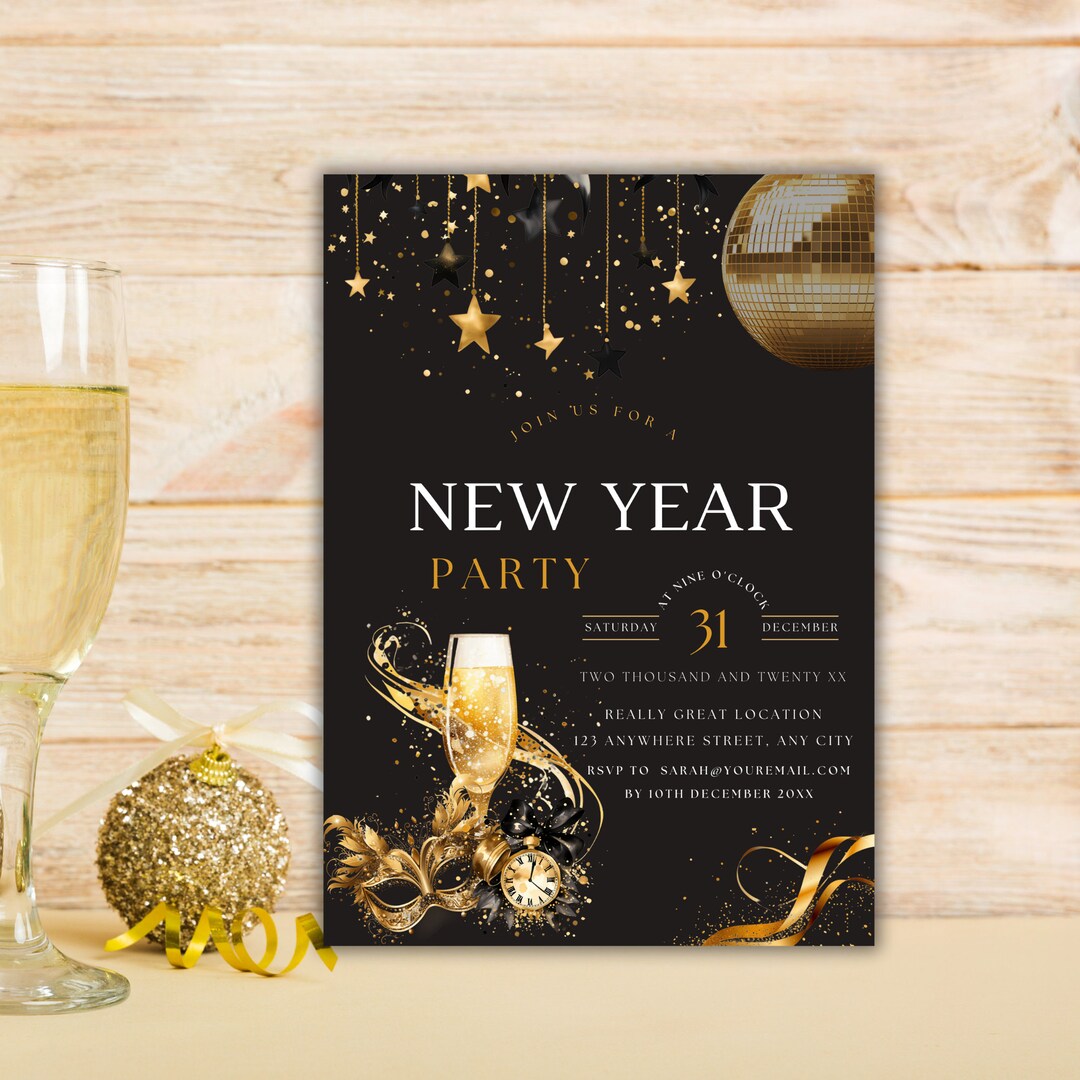 Black Gold New Year's Eve Party Invitation Template - Editable DIY ...