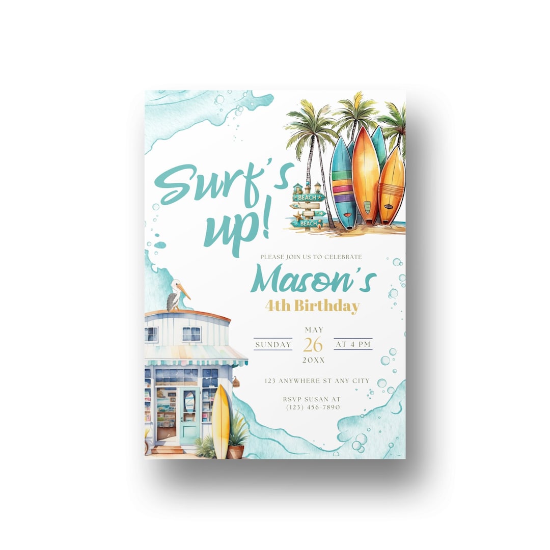 Editable Surfs up Birthday Invite | Surf Themed Party Invitation | 4th ...