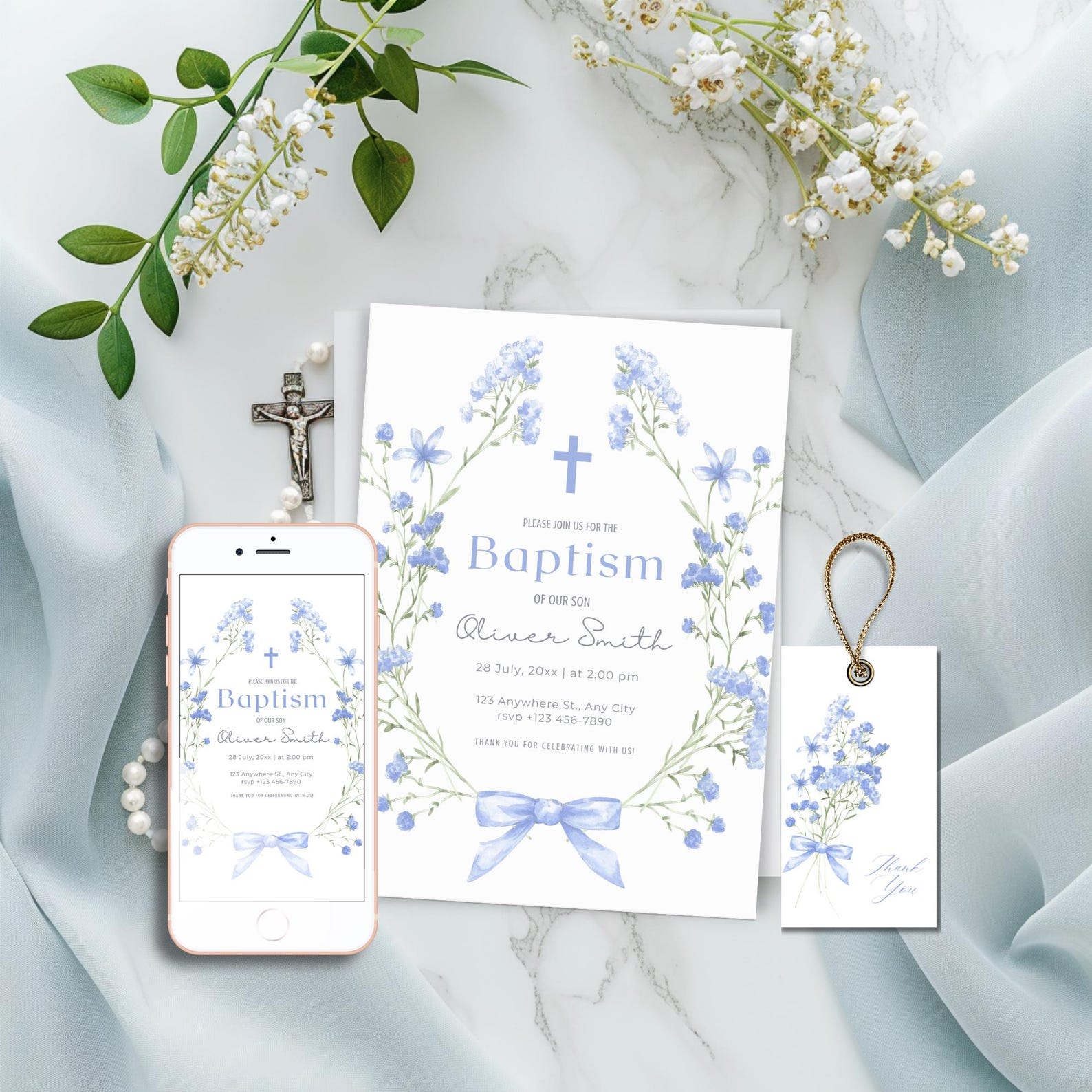 Blue Floral Baptism Invitation: Baby Boy Christening Template (digital ...