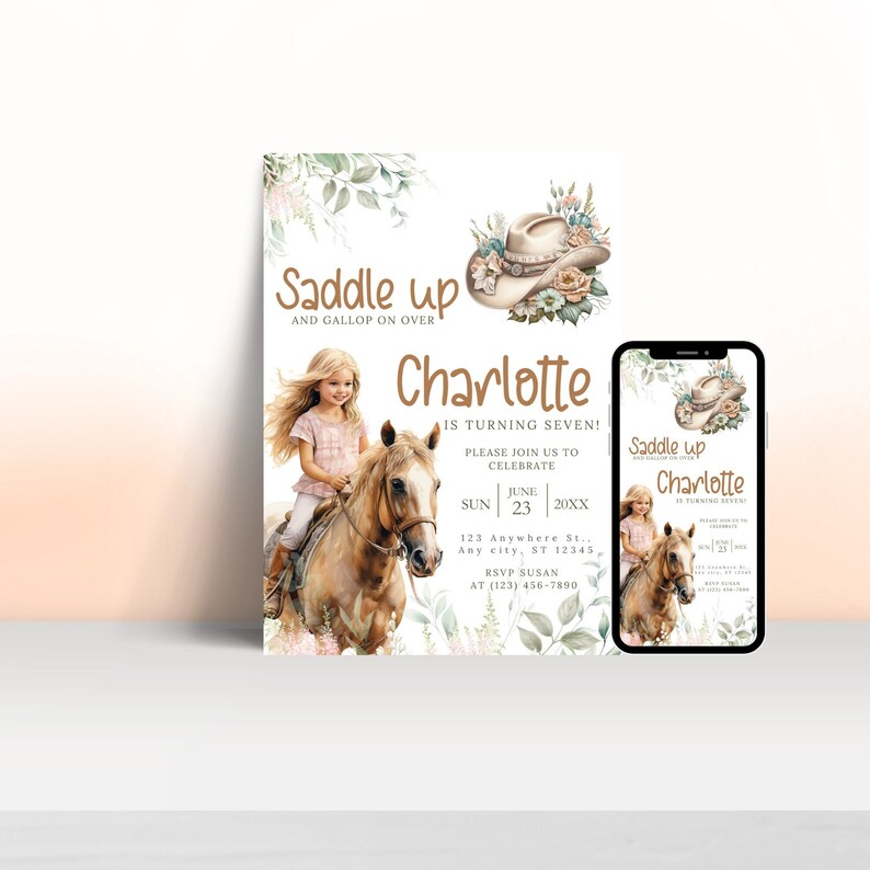 Horse Birthday Invitation Saddle up Cowgirl DIY Printable Decor Template Instant Download ...