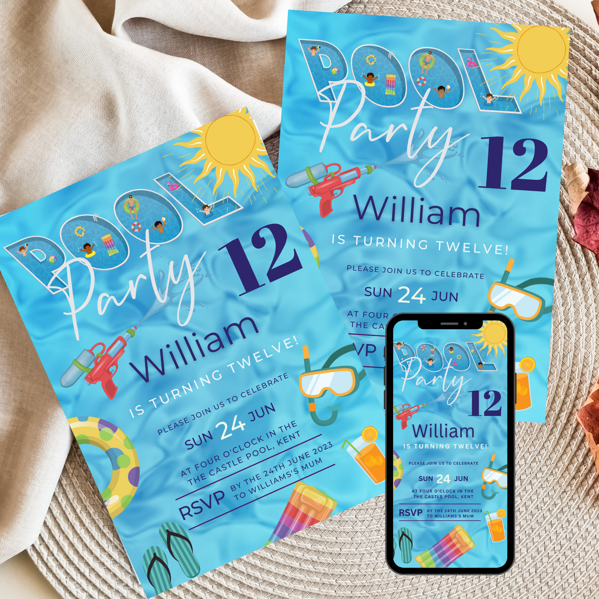 Pool Party 12th Birthday Evite and Card,swimming Party,summer Birthday ...