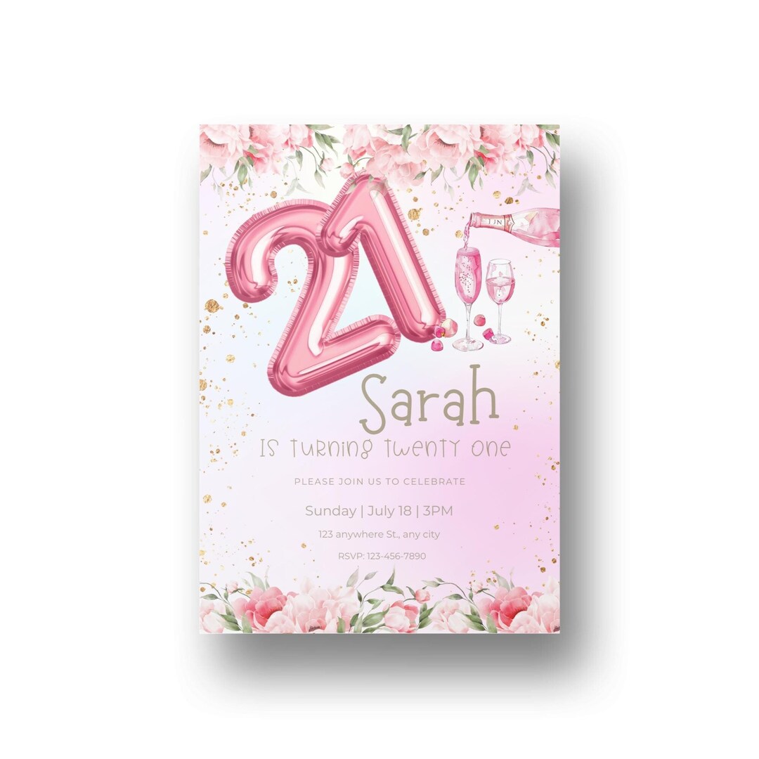 21st Birthday Invitation Pink Balloons Floral Editable Template Digital ...