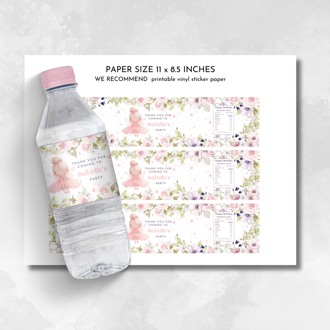 Fairy Theme Water Bottle Label Favor Pink Floral Editable Template ...