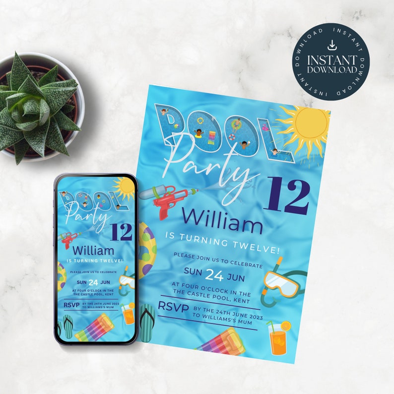 Pool Party 12th Birthday Evite and Card,swimming Party,summer Birthday ...