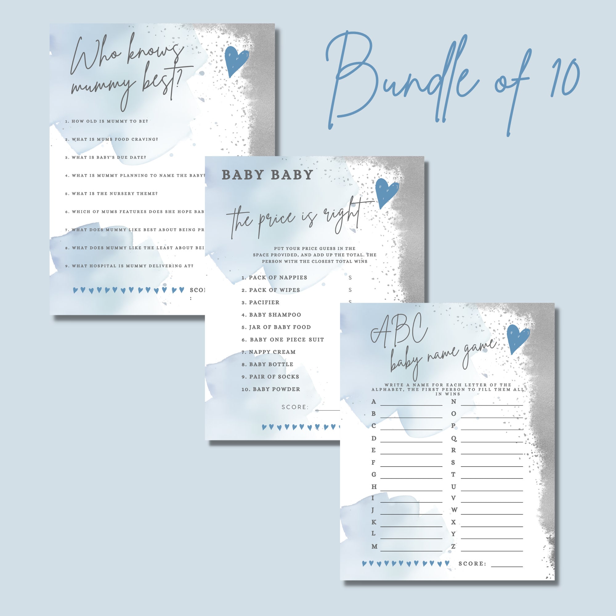 Baby Shower Games Bundle,editable in CANVA Games,blue/silver ...