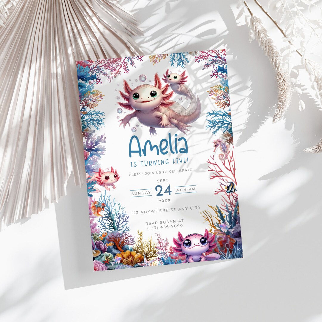 Editable Axolotl Birthday Invitation for Girls, Under the Sea Party ...
