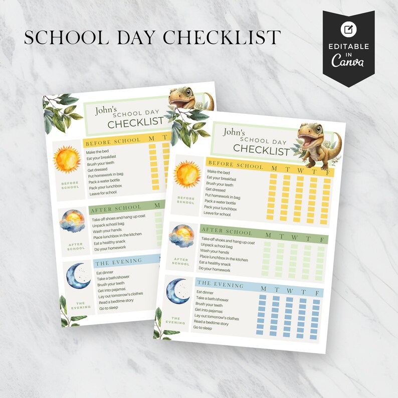 Kids School Days Checklist Dinosaur Theme Daily Schedule - Etsy