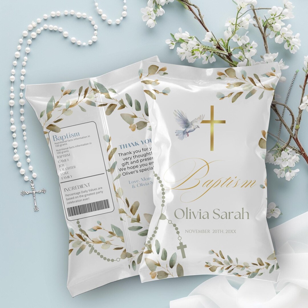 Baptism Chip Wrapper Template, Green/gold Christening Favor, DIY ...