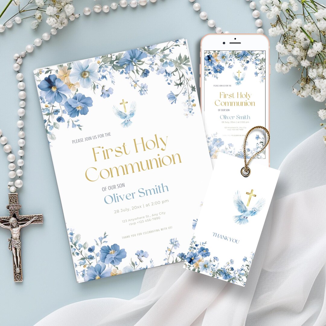 Blue Floral First Holy Communion Invitation Gold Cross Editable Canva ...