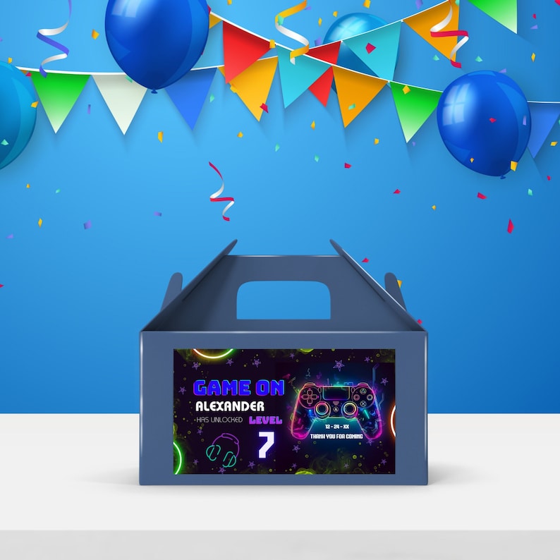 Gamer Birthday Gable Box Labels Video Game Party Favors Editable Canva ...