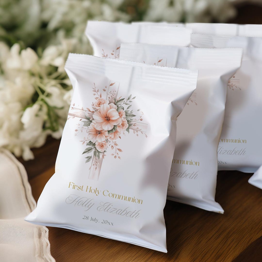 First Holy Communion Chip Bag Wrapper Printable, Peach Floral Cross ...