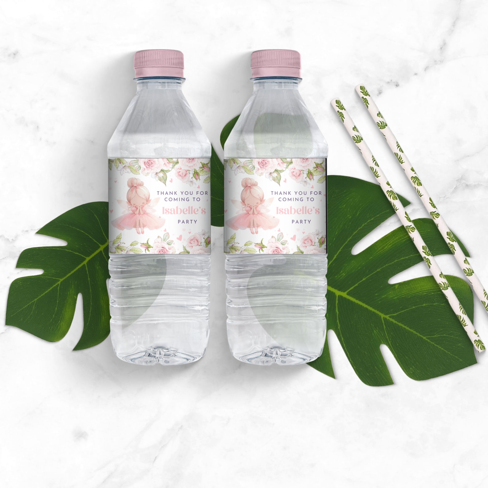 Fairy Theme Water Bottle Label Favor Pink Floral Editable Template ...