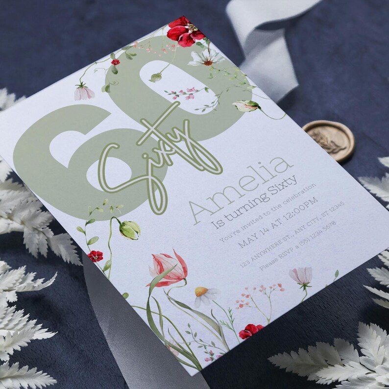 60th Birthday Invitation Template Pastel Green Floral Digital Party ...