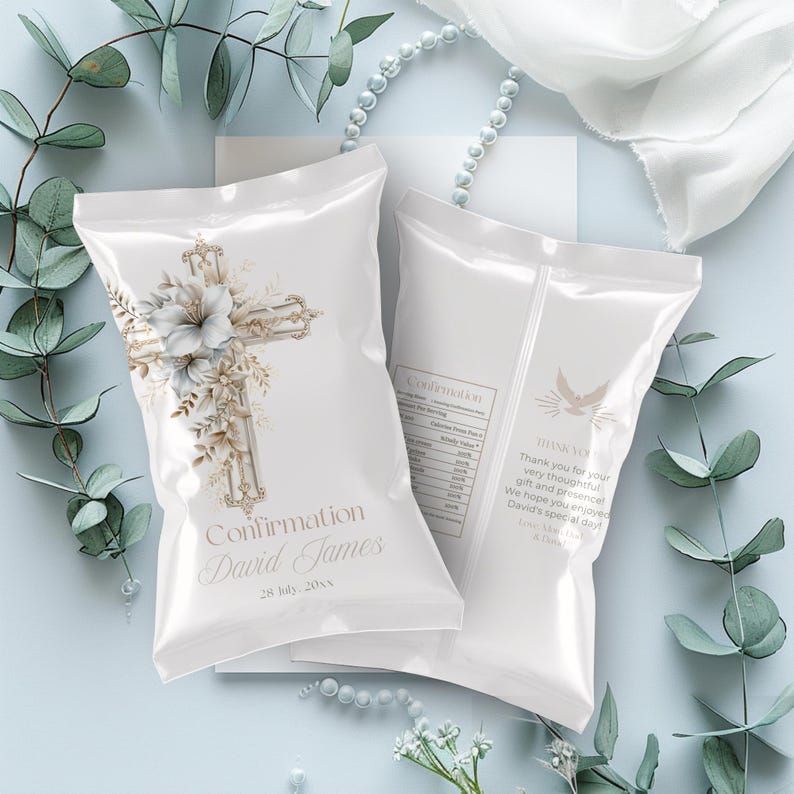 Confirmation Chip Bag Wrapper Printable, Floral Cross Favor, Editable ...