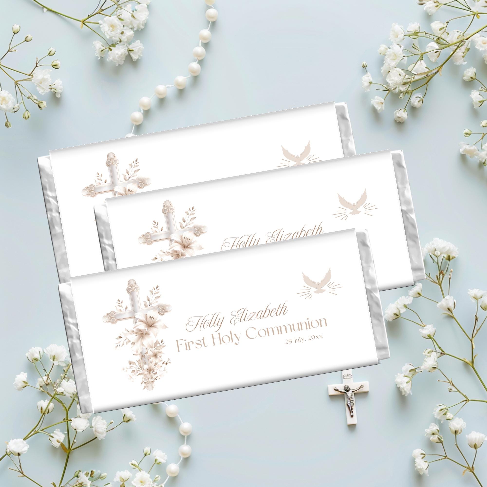 Floral Cross First Holy Communion Chocolate Bar Wrapper Editable Canva ...