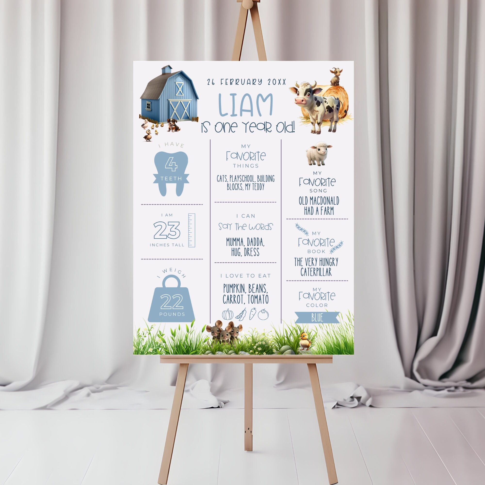Blue Farmyard Animals First Birthday Milestone Poster (digital Download ...