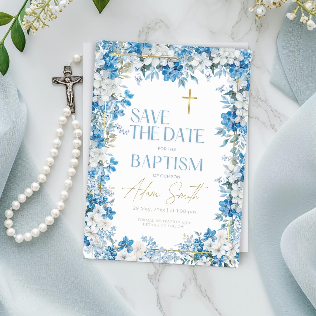 Blue Floral Baptism Save the Date Invitation for Boy Christening ...