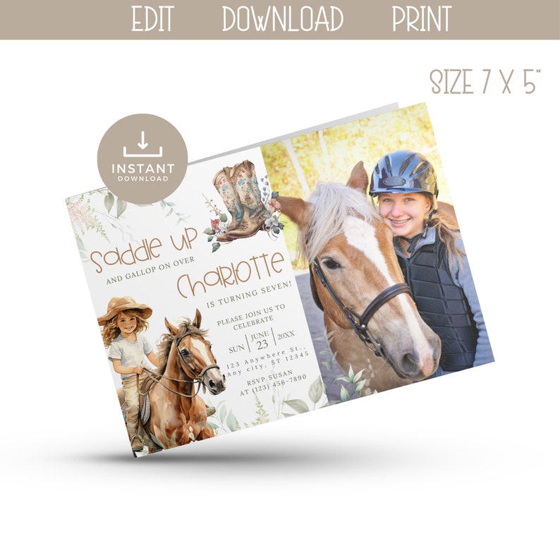 Horse Birthday Invitation Saddle up Cowgirl DIY Printable Decor Template Instant Download ...