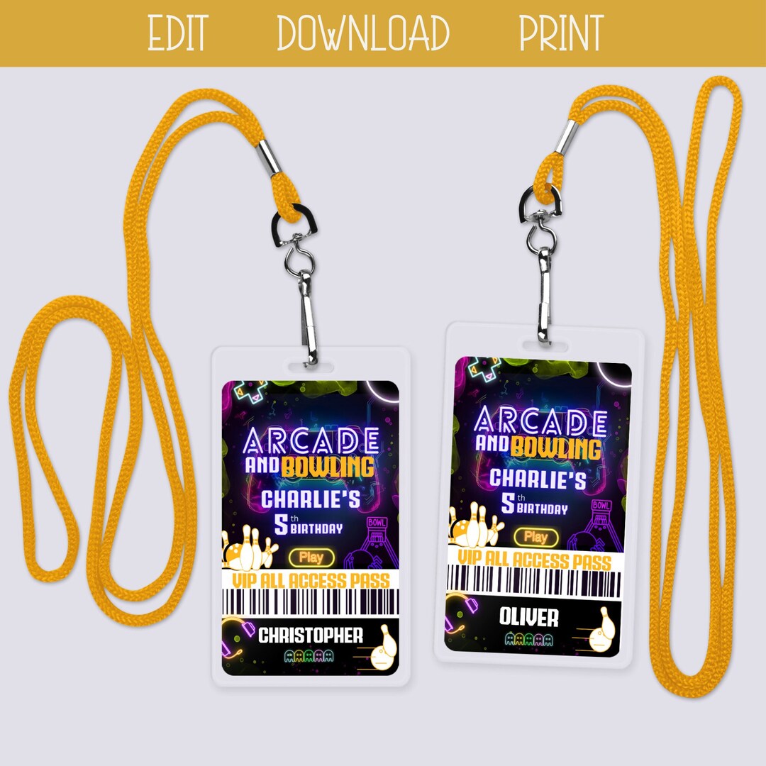 VIP Pass Editable Template for Arcade Bowling Birthday Party - Neon ...