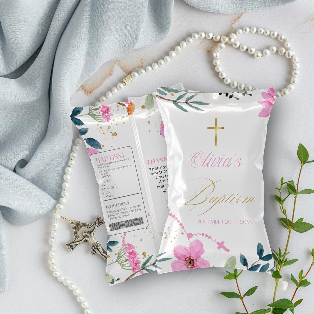 Baptism Chip Wrapper Template, Pink Floral Christening Favor, DIY ...