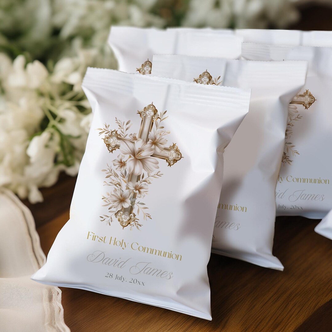 Floral Cross First Communion Chip Bag Wrapper, Editable Canva Template ...