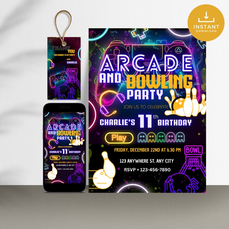 Invitación de bolos arcade invitación imprimible para fiesta - Etsy México