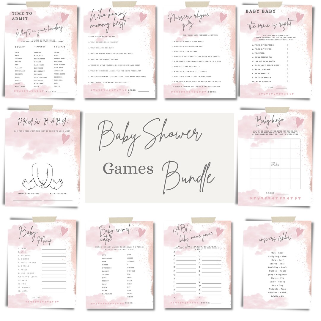 Baby Shower Games Bundle,editable in CANVA Games,pink/gold Watercolour ...