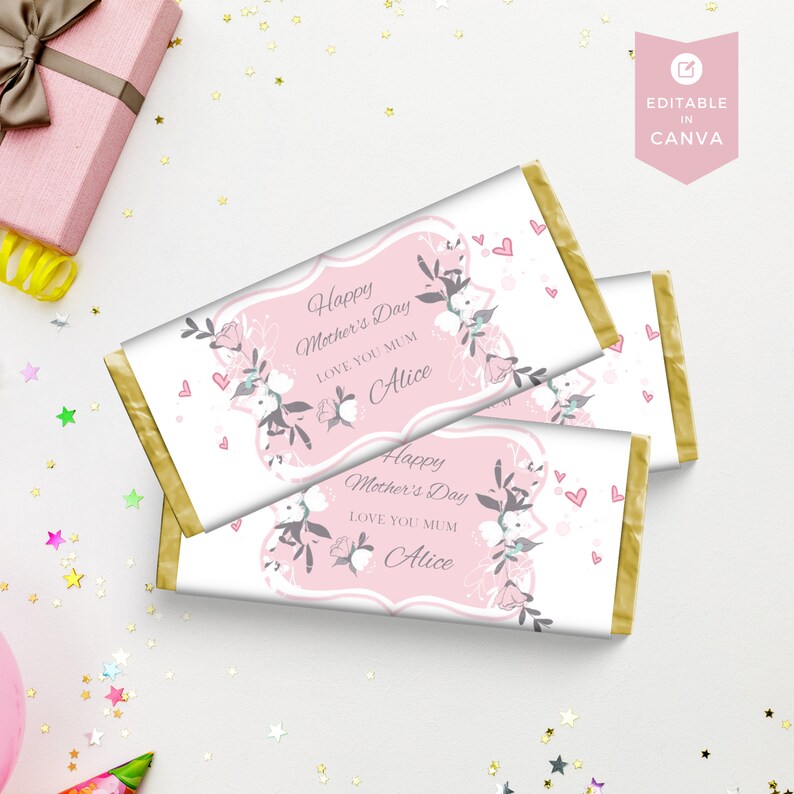 Mother's Day Pink Floral Chocolate Bar Wrapper: Editable Template ...