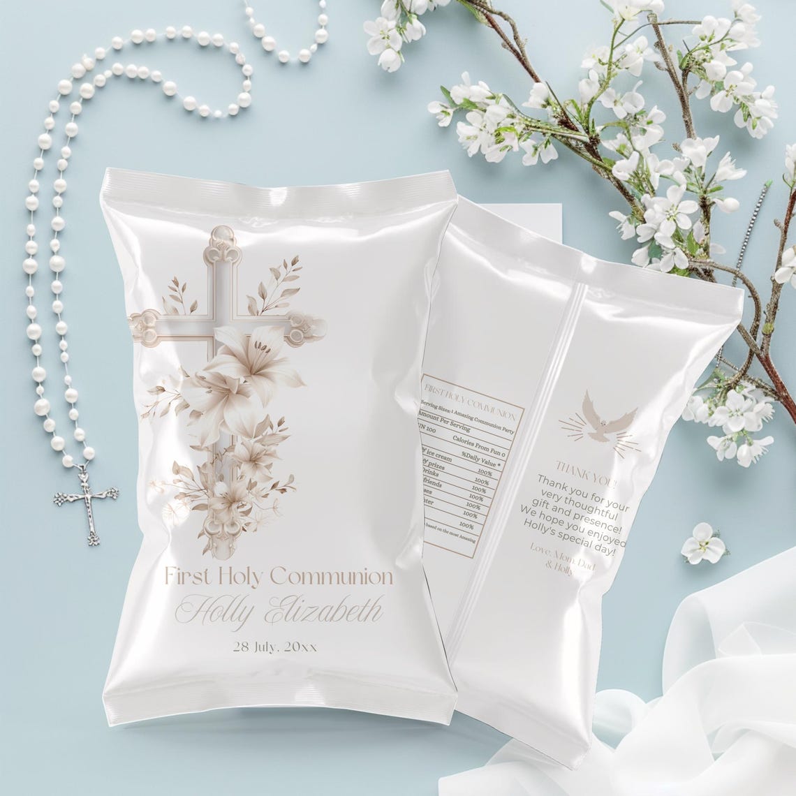 Floral Cross First Holy Communion Chip Bag Wrapper Digital Download ...