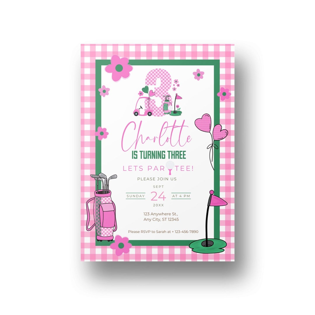 Pink Golf Girl Birthday Party Invitation - Editable Canva Template ...