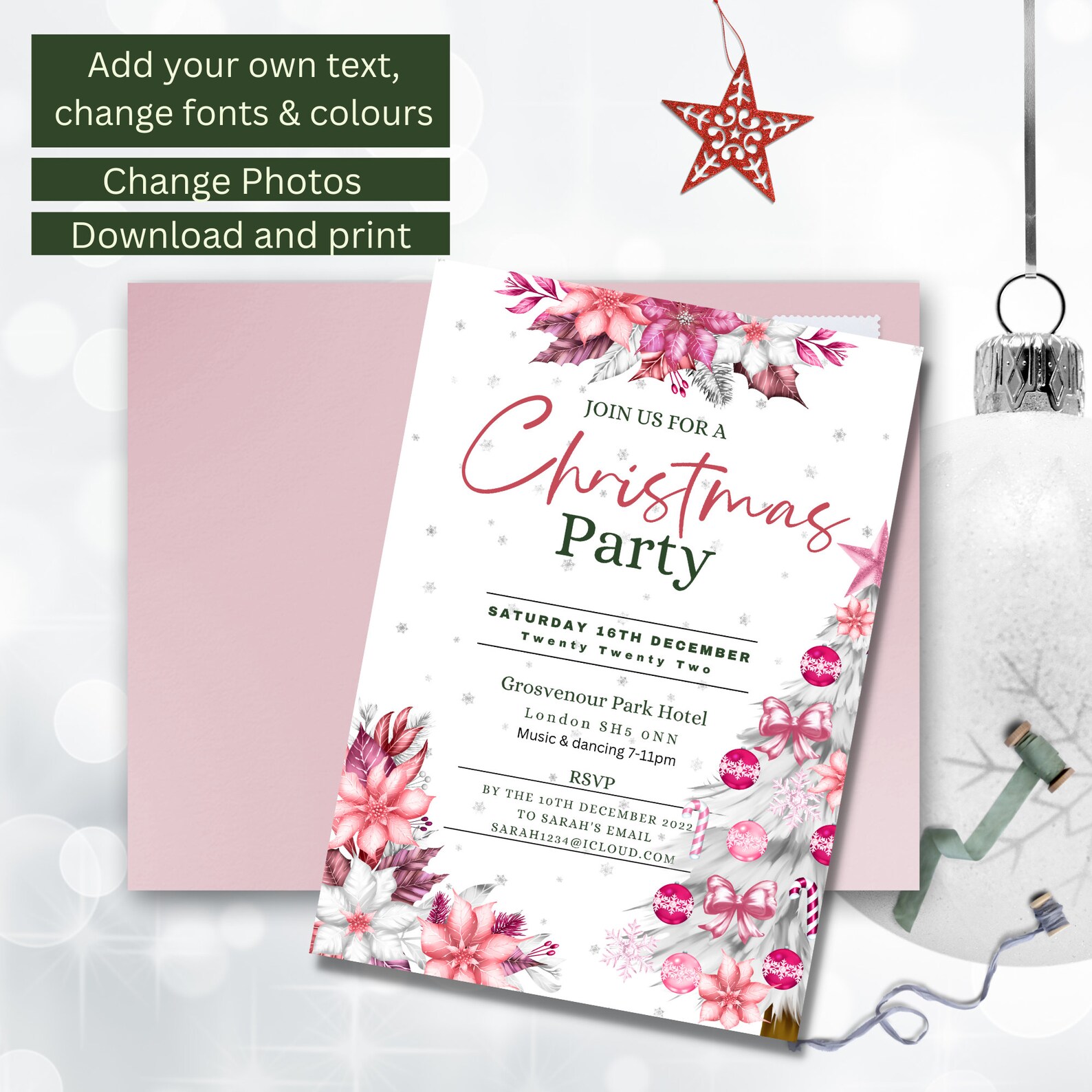 Pink Christmas Party Invitation DIY Xmas Invitationeditable - Etsy