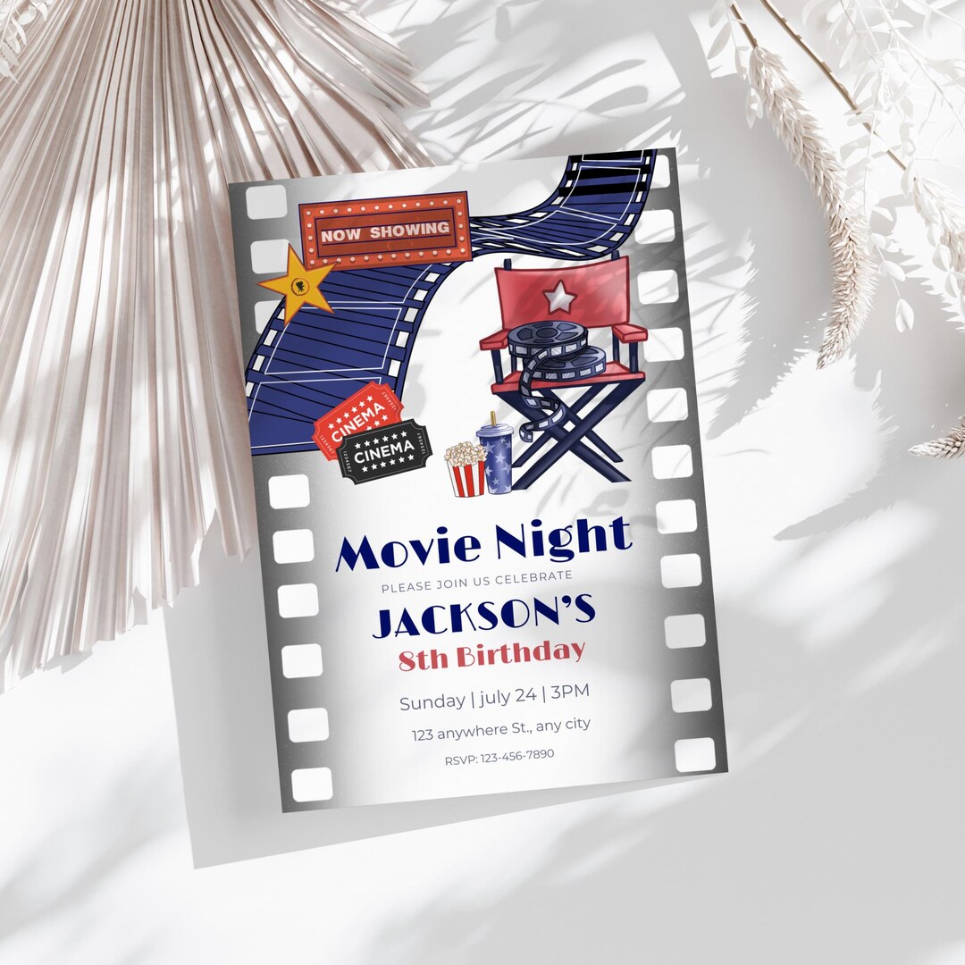 Movie Night Invite Digital Cinema Party Invitation, 8th Birthday ...