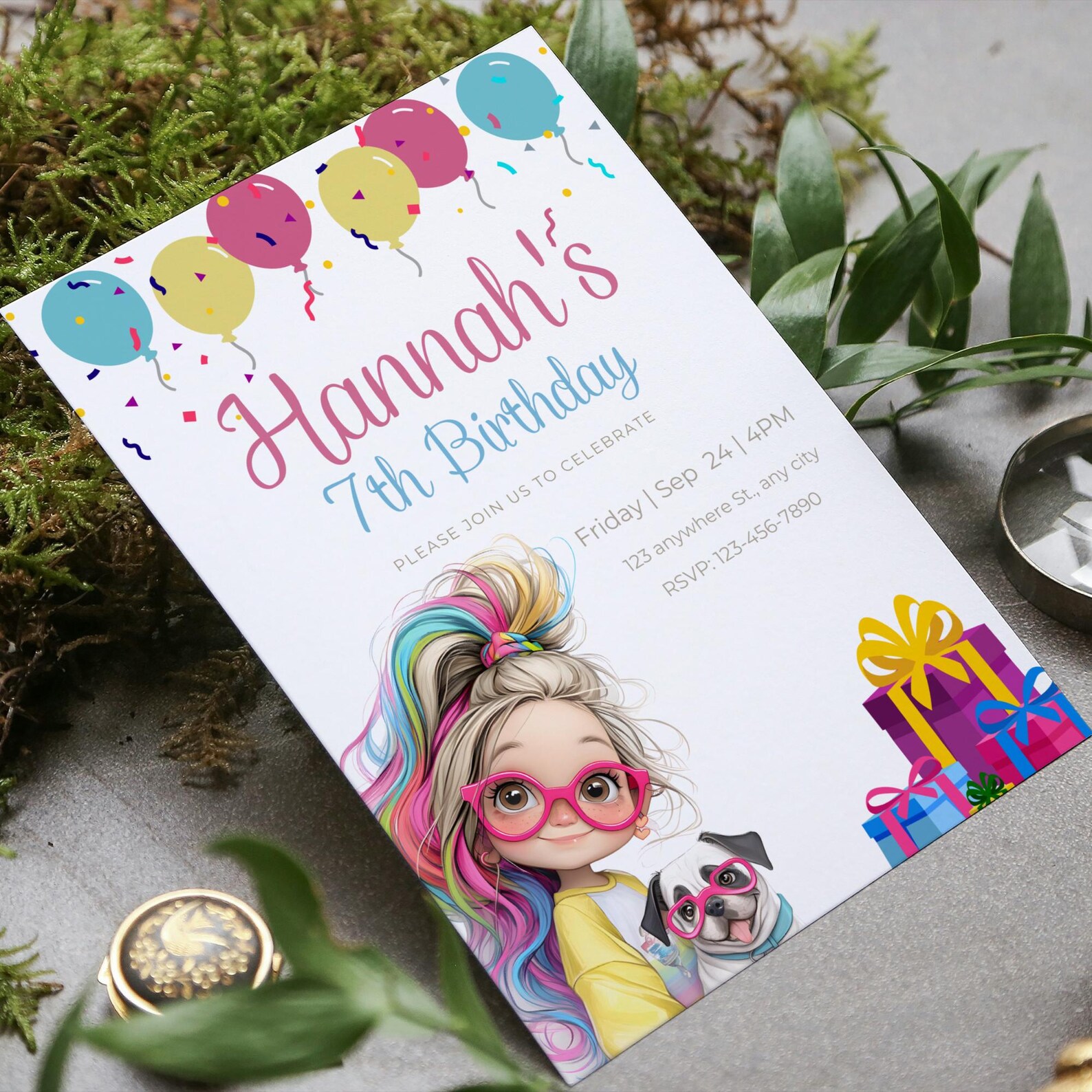 Cartoon Girl 7th Birthday Invitation Pink Whimsical Hair Editable Canva ...