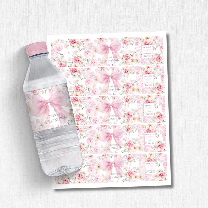 Pink Floral Water Bottle Labels Editable Party Decor Digital Download ...