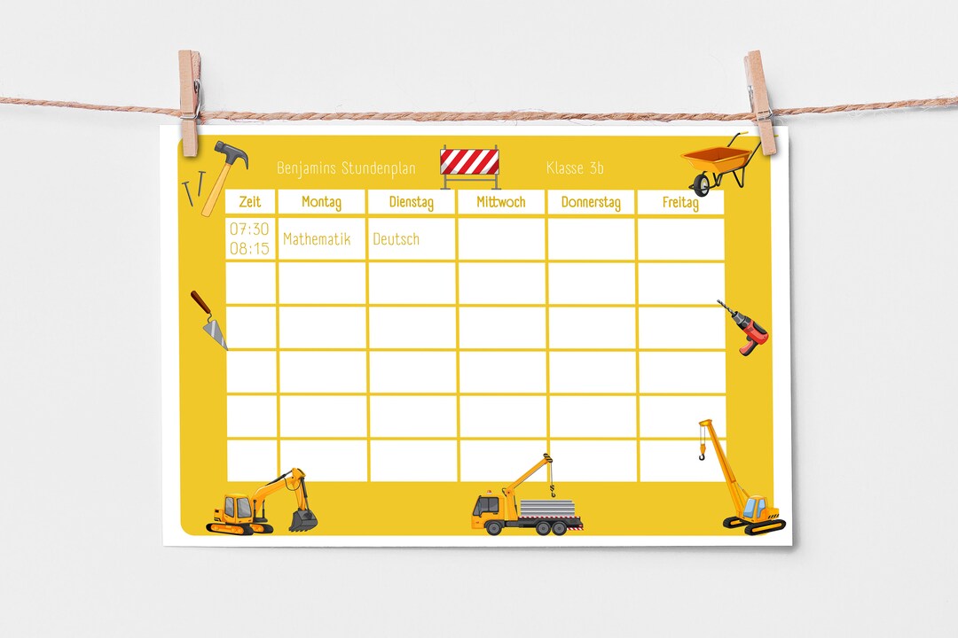 Timetable Construction Site Personalized for Kids School Back to School ...