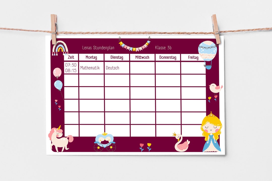 Personalized Princess Timetable for Kids School Back to School ...