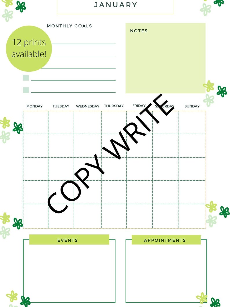 12 Month Student Printable Calander Planner Instant Download PDF ...