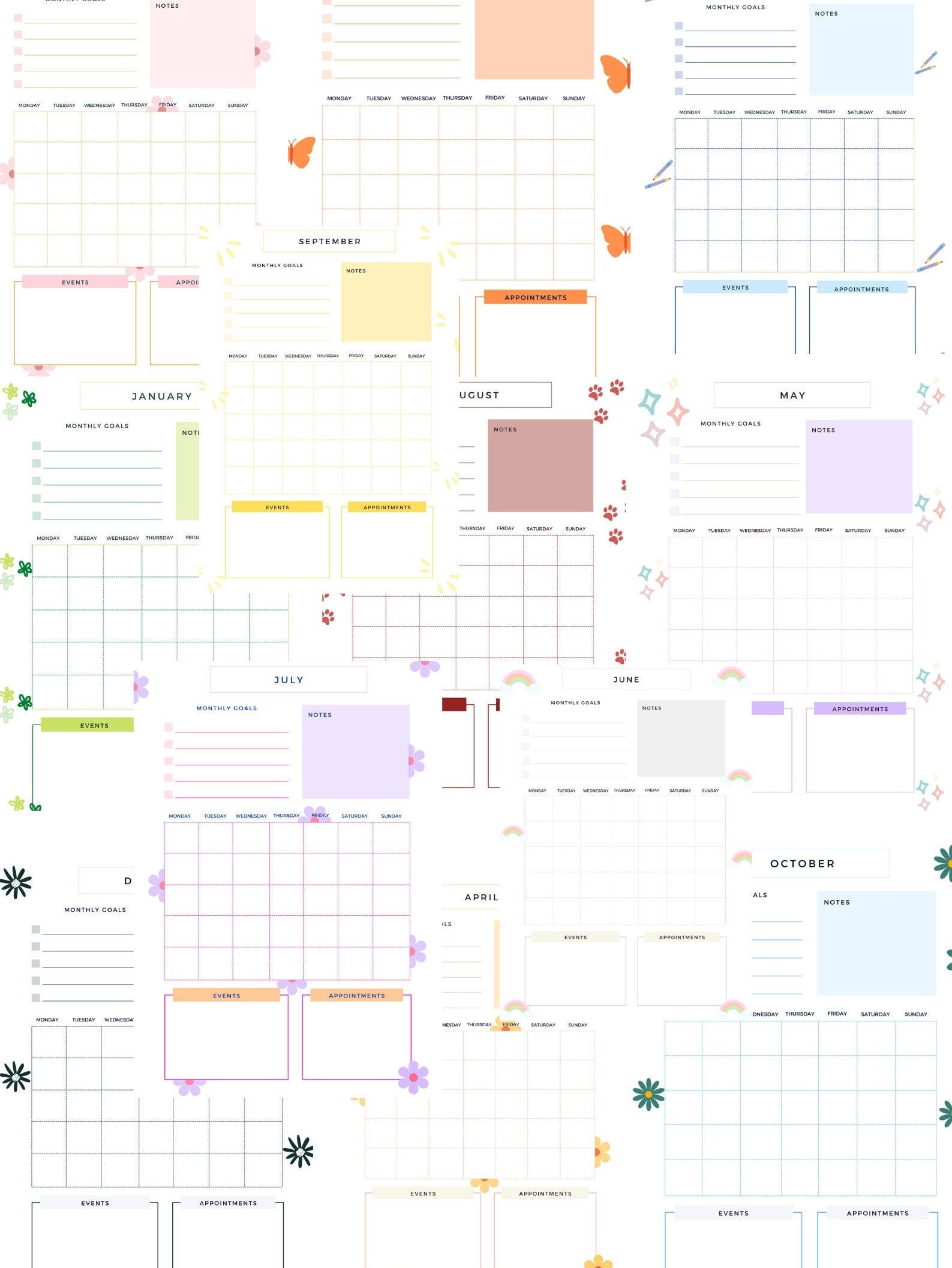 12 Month Student Printable Calander Planner Instant Download PDF ...