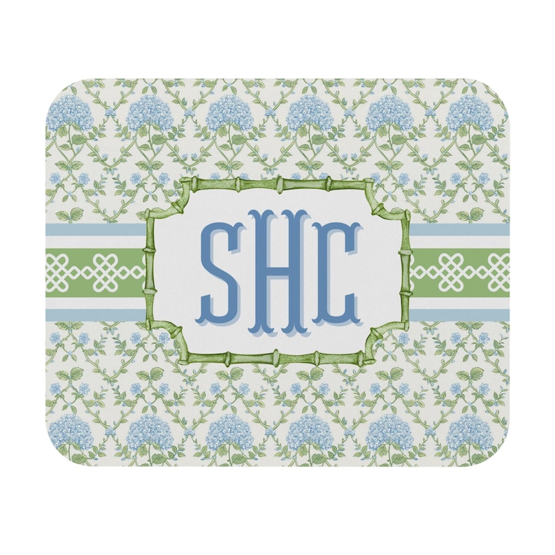 Monogrammed Blue Hydrangea Mouse Pad: Preppy Chinoiserie Office Decor ...