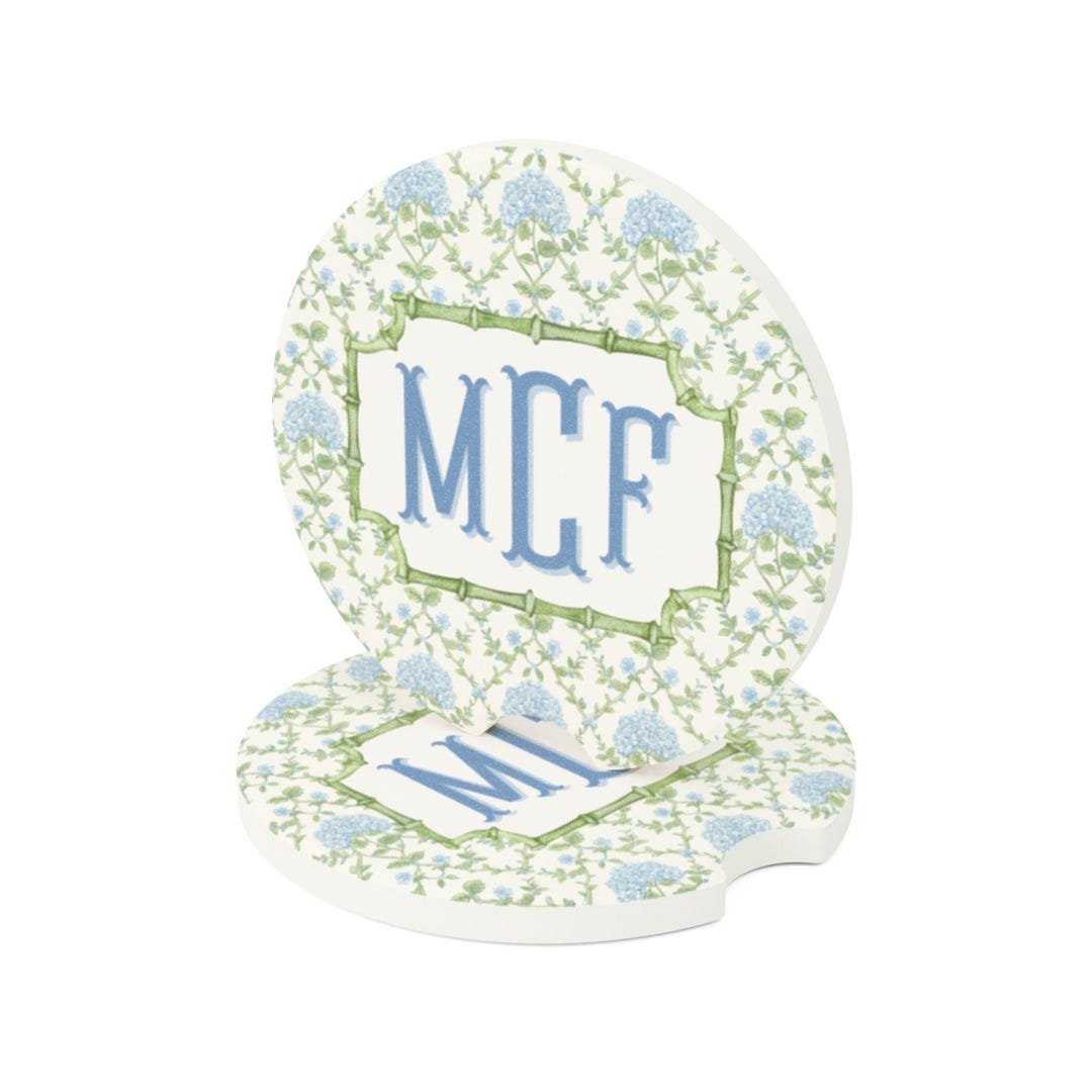 Preppy Blue Hydrangea Car Coasters, Monogrammed Absorbent Sandstone Cup ...
