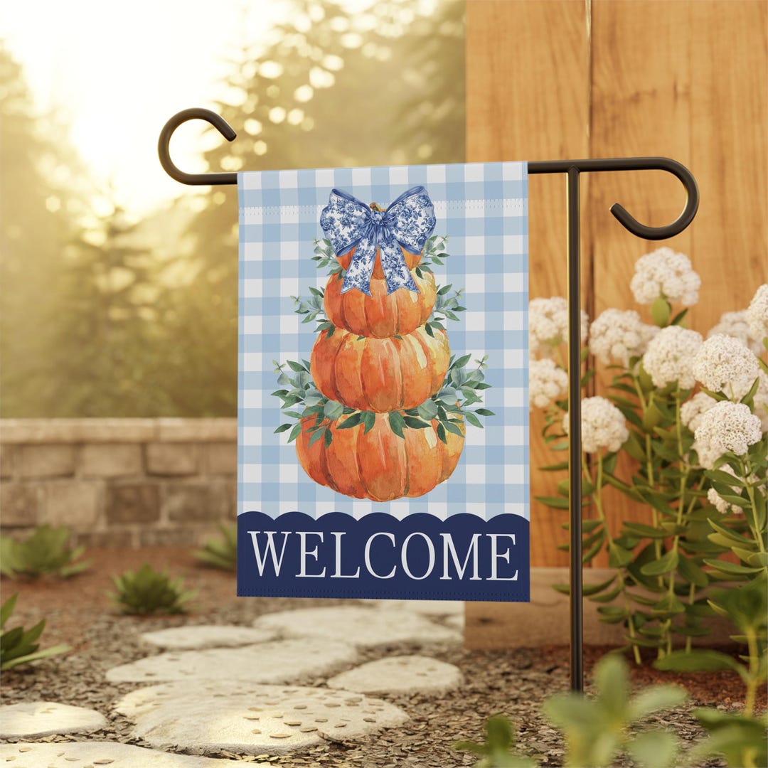 Fall Welcome Garden Flag, Chinoiserie Pumpkin Stack, Coquette Autumn ...
