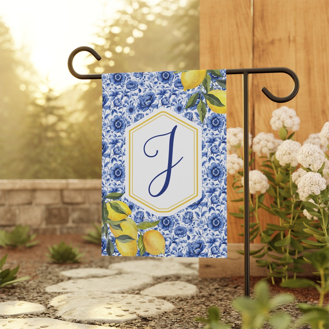 Personalized Welcome Flag, Preppy Outdoor Decor, Blue Chinoiserie and ...