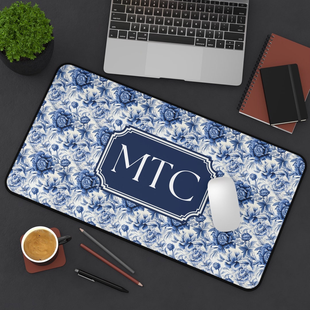 Personalized Toile Desk Mat, Blue French Pattern Mouse Pad, Custom ...