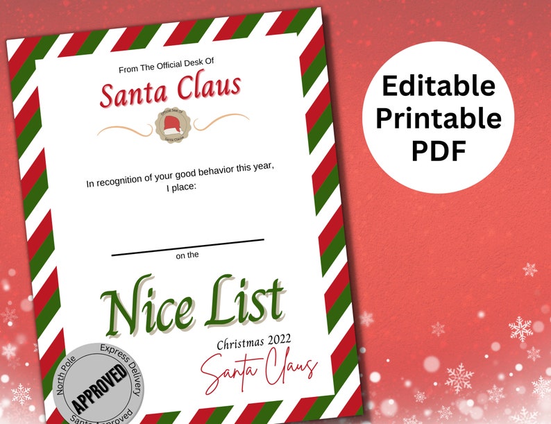 Editable Nice List Certificate, Letter From Santa, Nice List, Instant ...