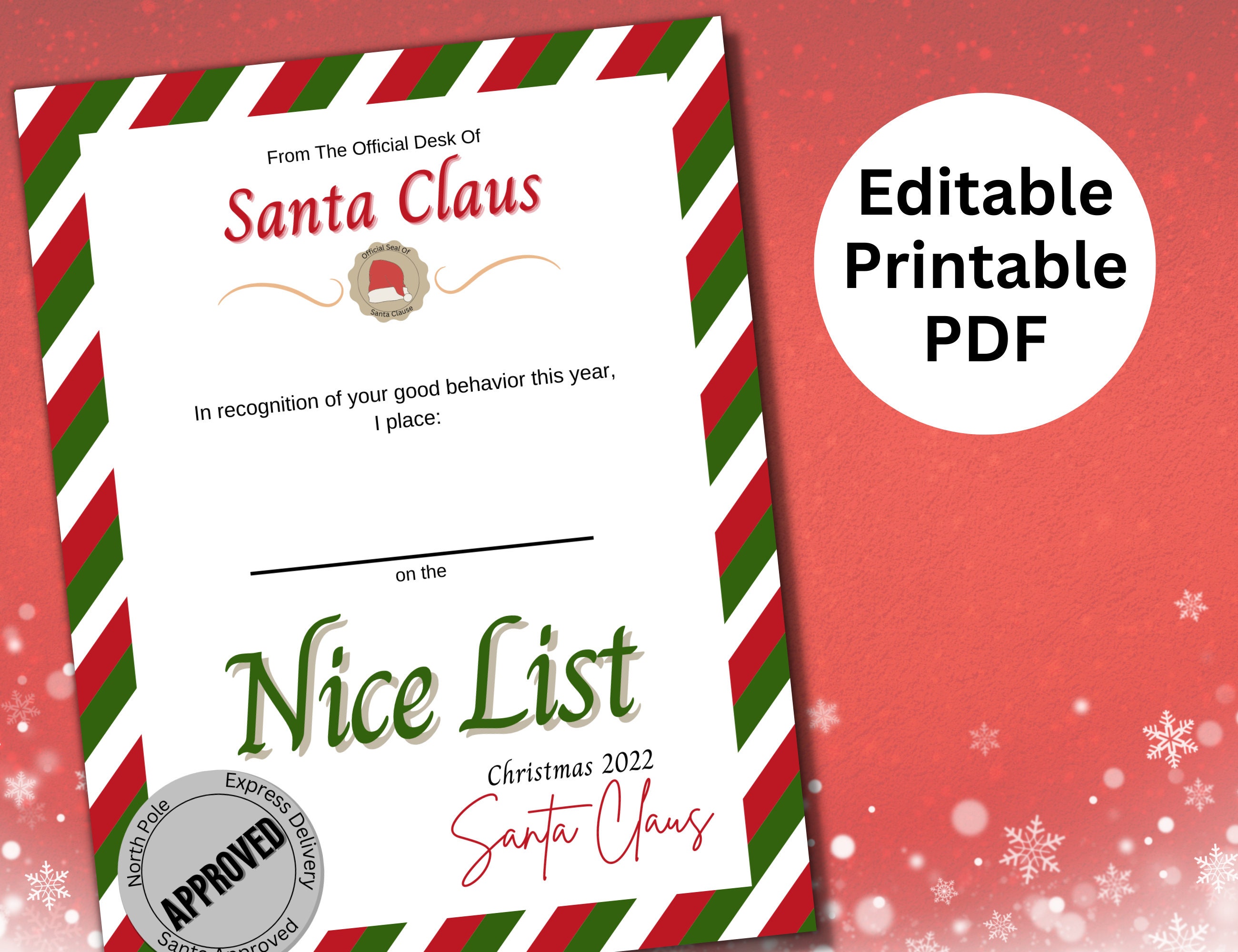 Editable Nice List Certificate, Letter From Santa, Nice List, Instant ...