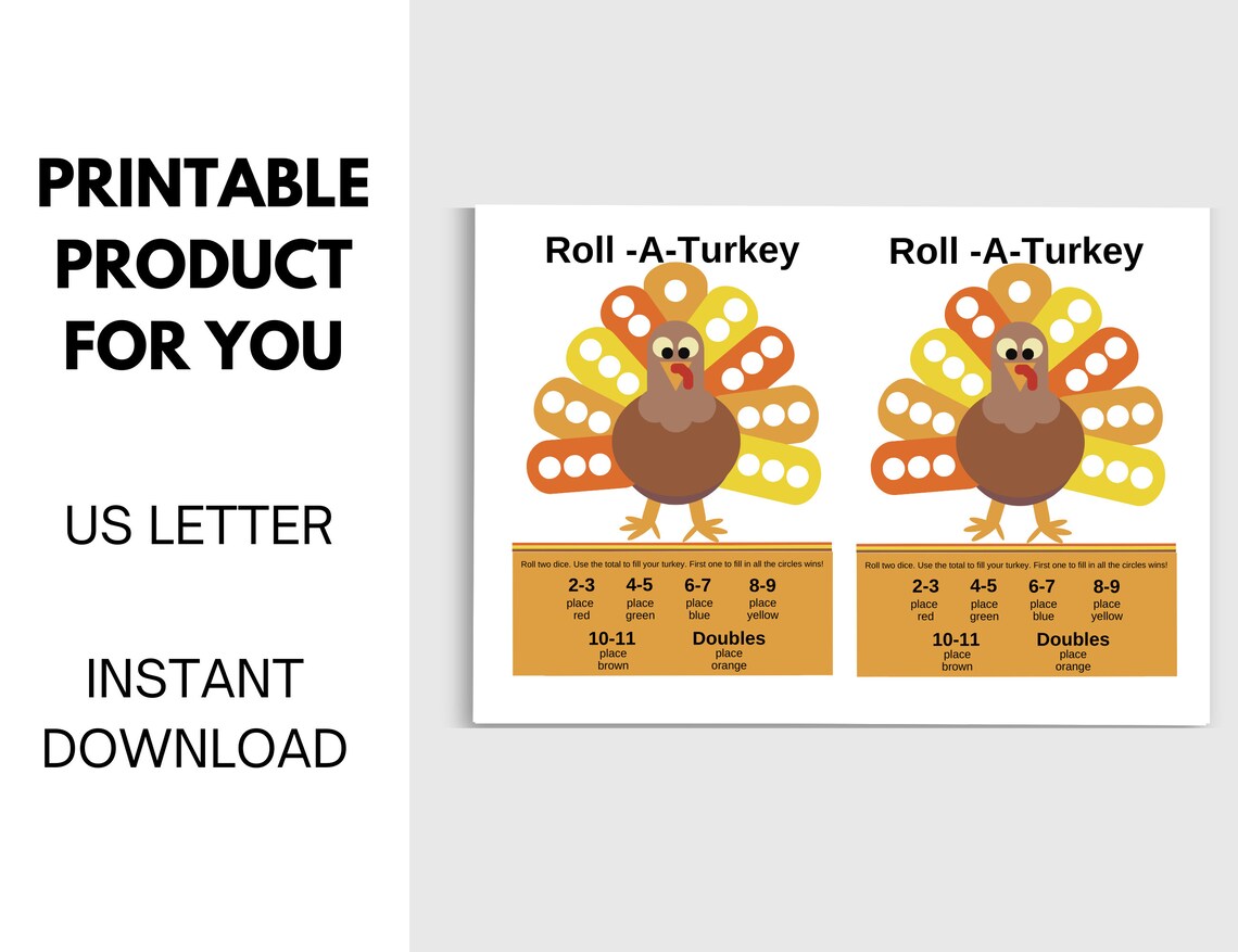 Roll A Turkey Thanksgiving Game, Thanksgiving Kids Table Game, Turkey ...