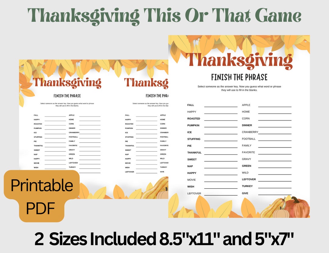 Finish the Phrase Thanksgiving Game, Pub Game, Thanksgiving Day Game ...
