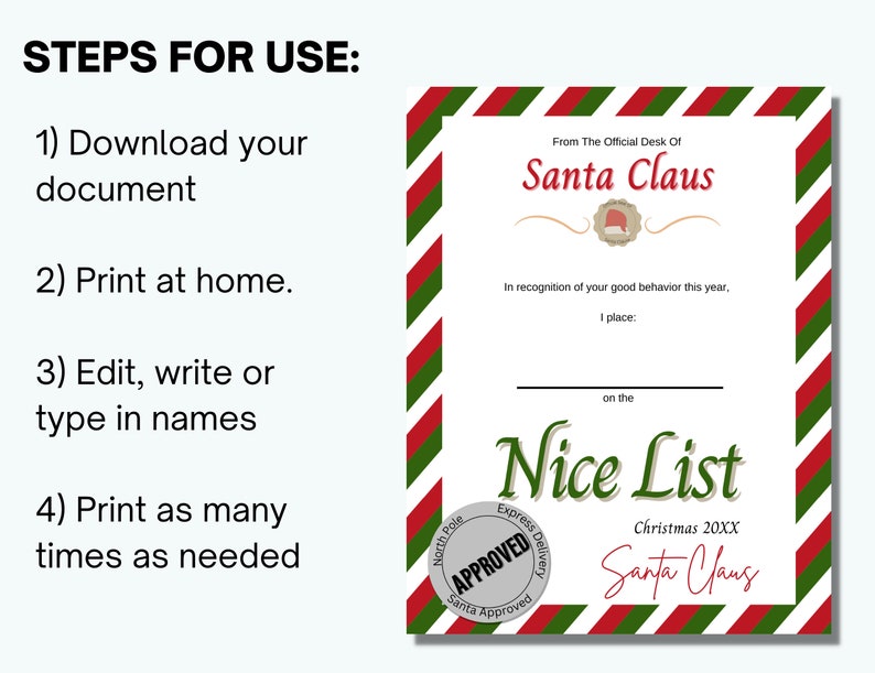 Editable Nice List Certificate, Letter From Santa, Nice List, Instant ...